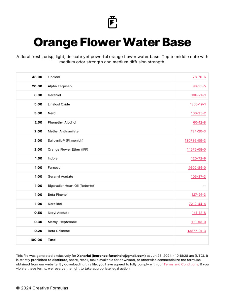 Orange Flower Water Base - Creative Formulas | PDF | Chemical Compounds