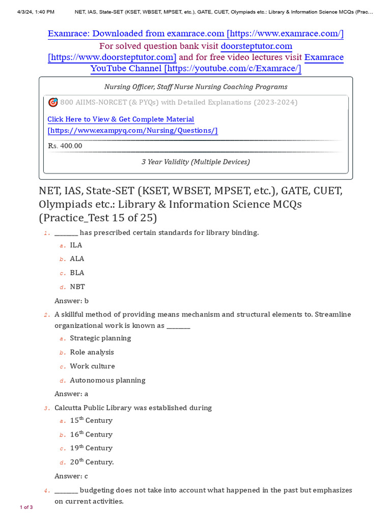 Library Information Science Mcqs Practice Test 15 Pdf