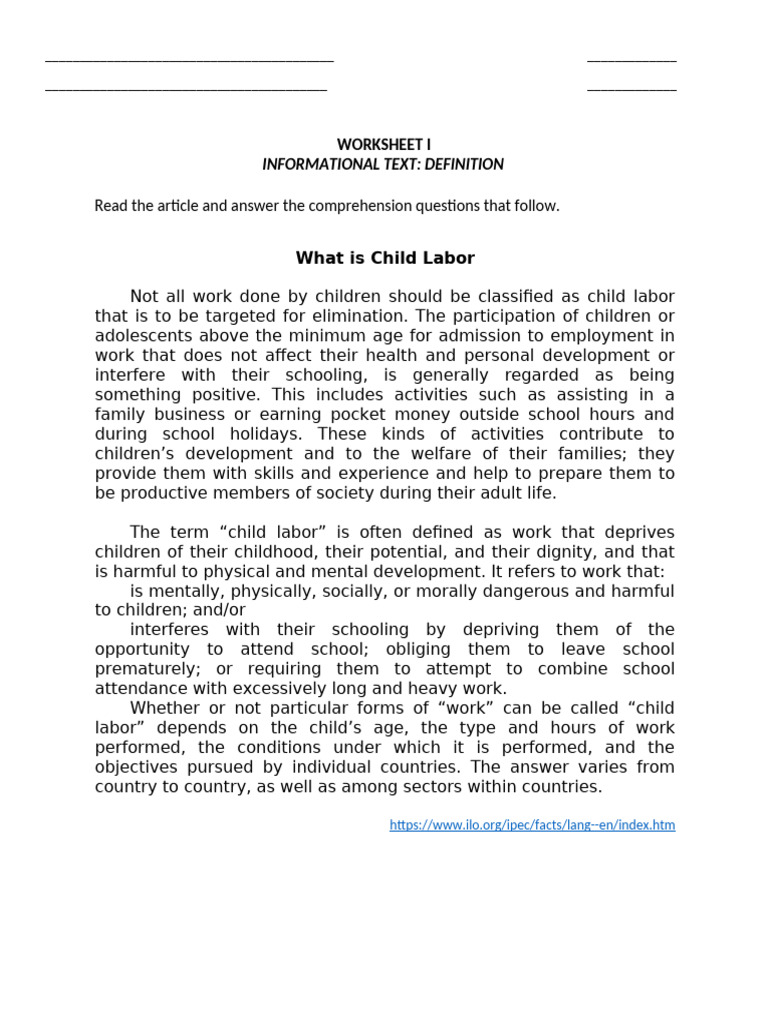 Q2 Worksheet 1 | PDF | Child Labour | Behavioural Sciences