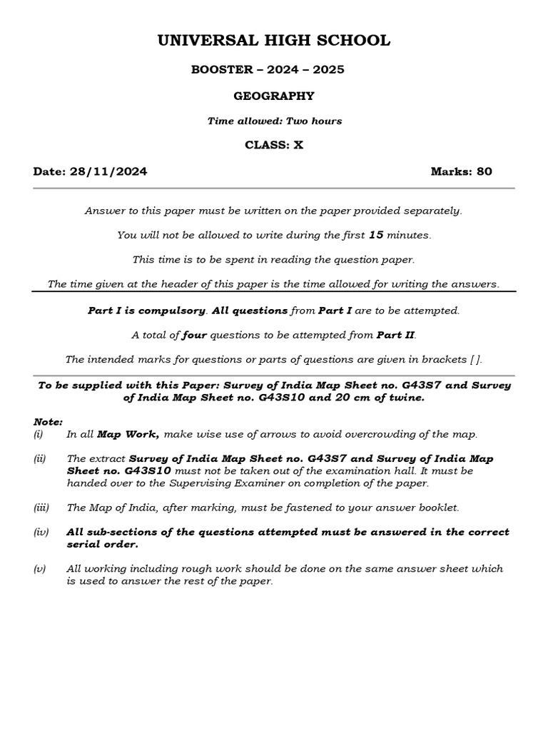 Geography Exam Paper for Class X - 2024 | PDF | Indian Ocean | Soil