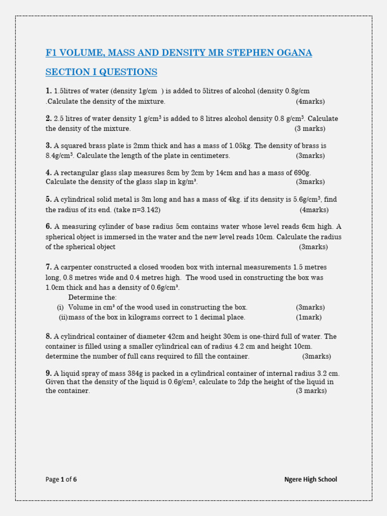 F1 Volume, Mass and Density | PDF | Density | Volume