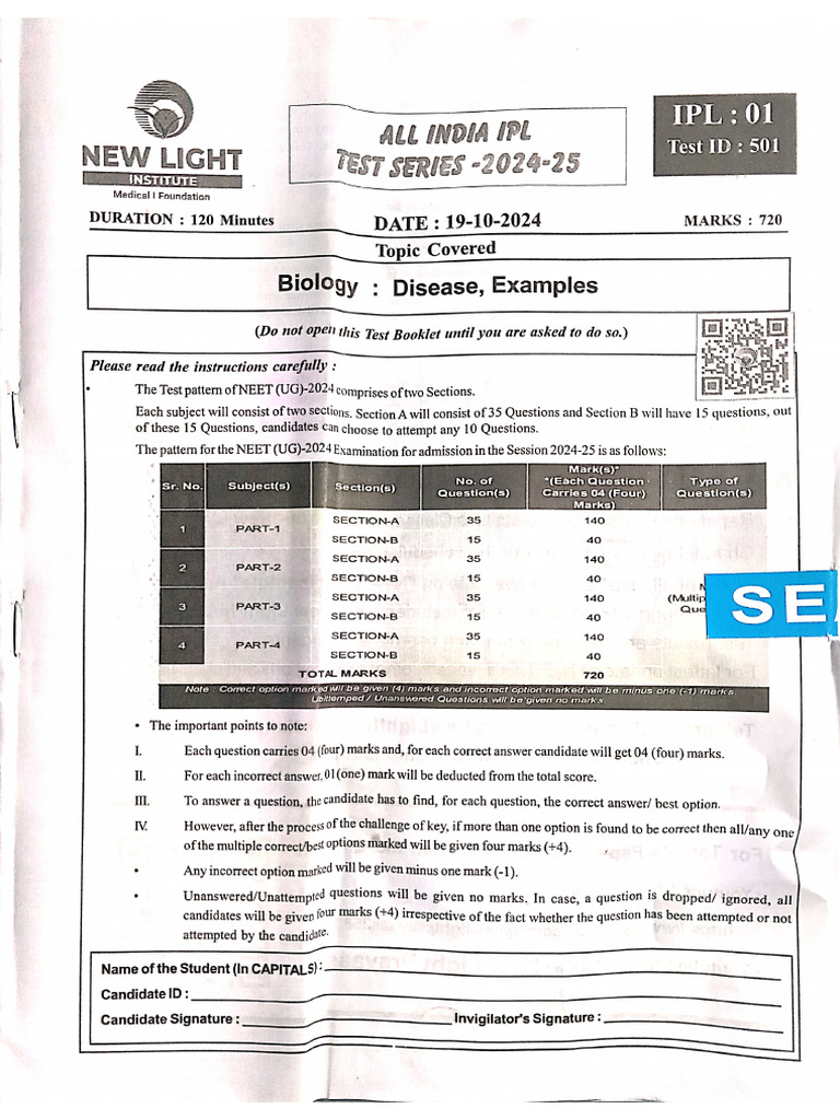 Ipl Test 01 For Neet 2025 | PDF