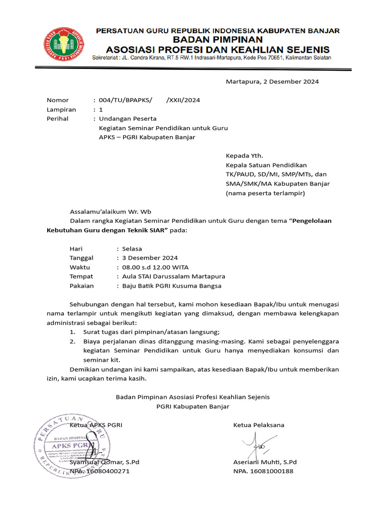 Undangan Peserta - Seminar SIAR | PDF