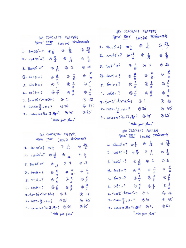 8th Class Trigonometry test MCQs | PDF