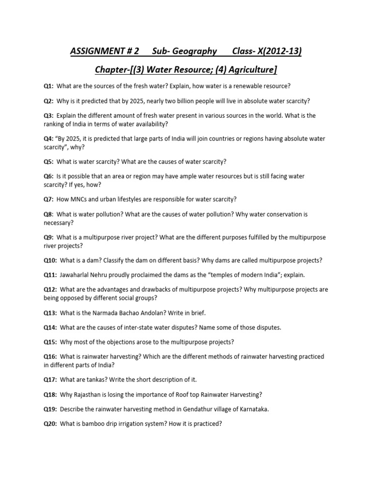 Class 10 Geography: Water Resources Assignment | PDF | Crops | Agriculture