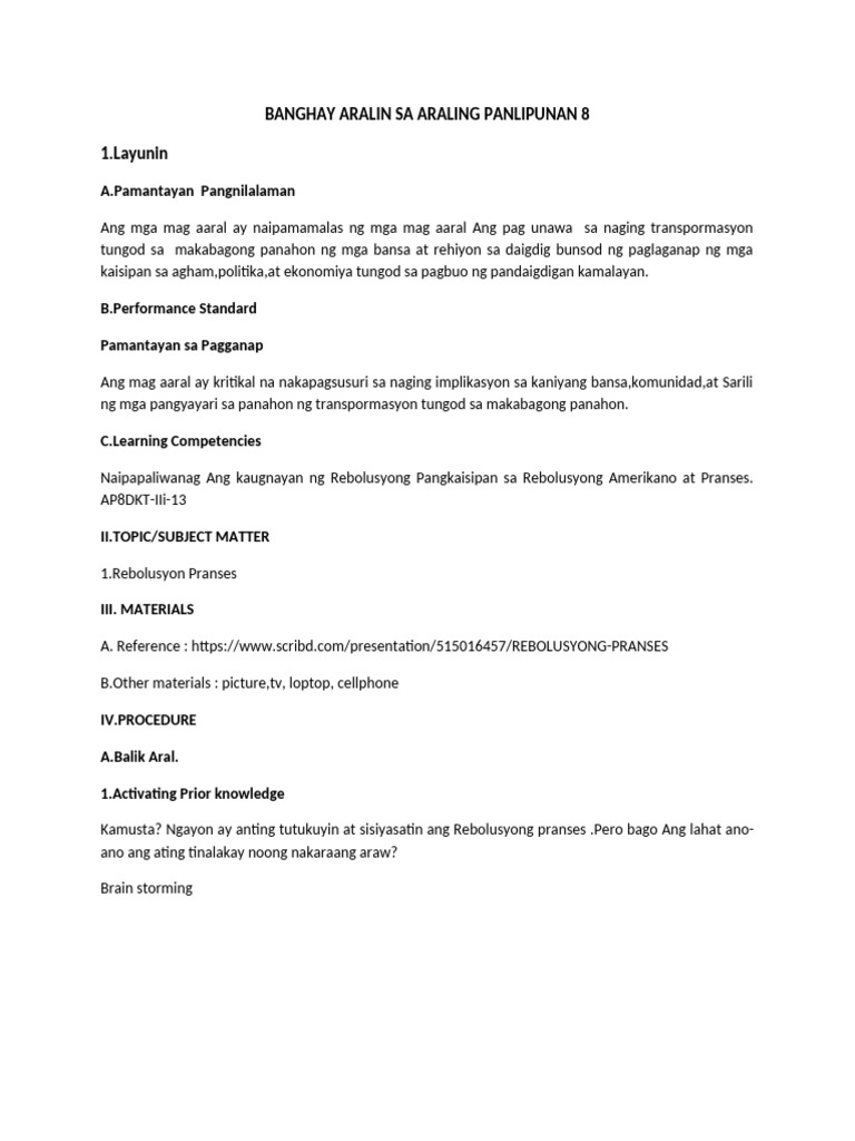 Banghay Aralin - Rebolusyong Pranses | PDF