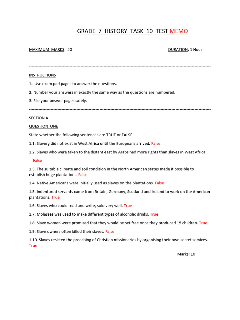 Grade 7 History Task 10 Test Memo | PDF | John Brown (Abolitionist ...