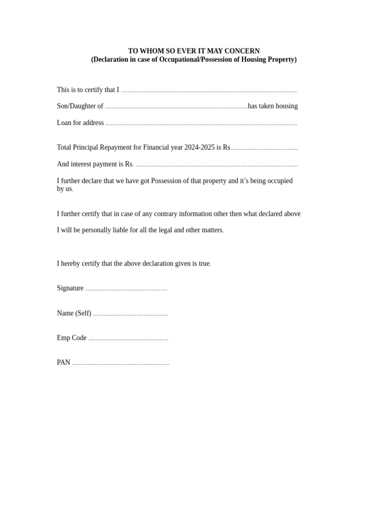 Declaration For Possession of Housing Property | PDF