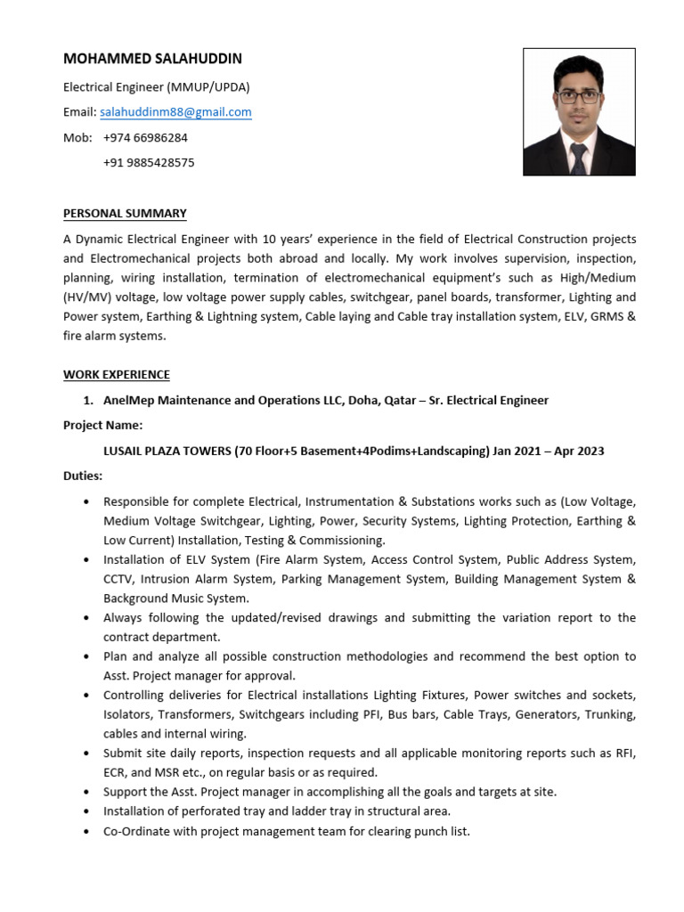 CV - Salahuddin - Electrical Engr | PDF | Electrical Wiring | Quality Assurance