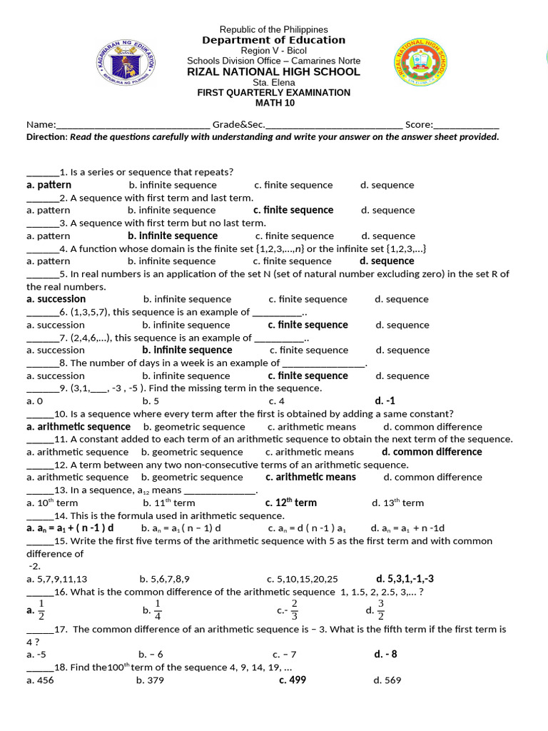 Math 10 First Quarterly Exam Guide | PDF | Polynomial | Mean