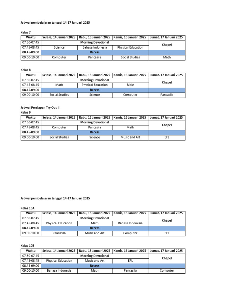 Jadwal Pembelajaran 14-17 Januari 2025 | PDF