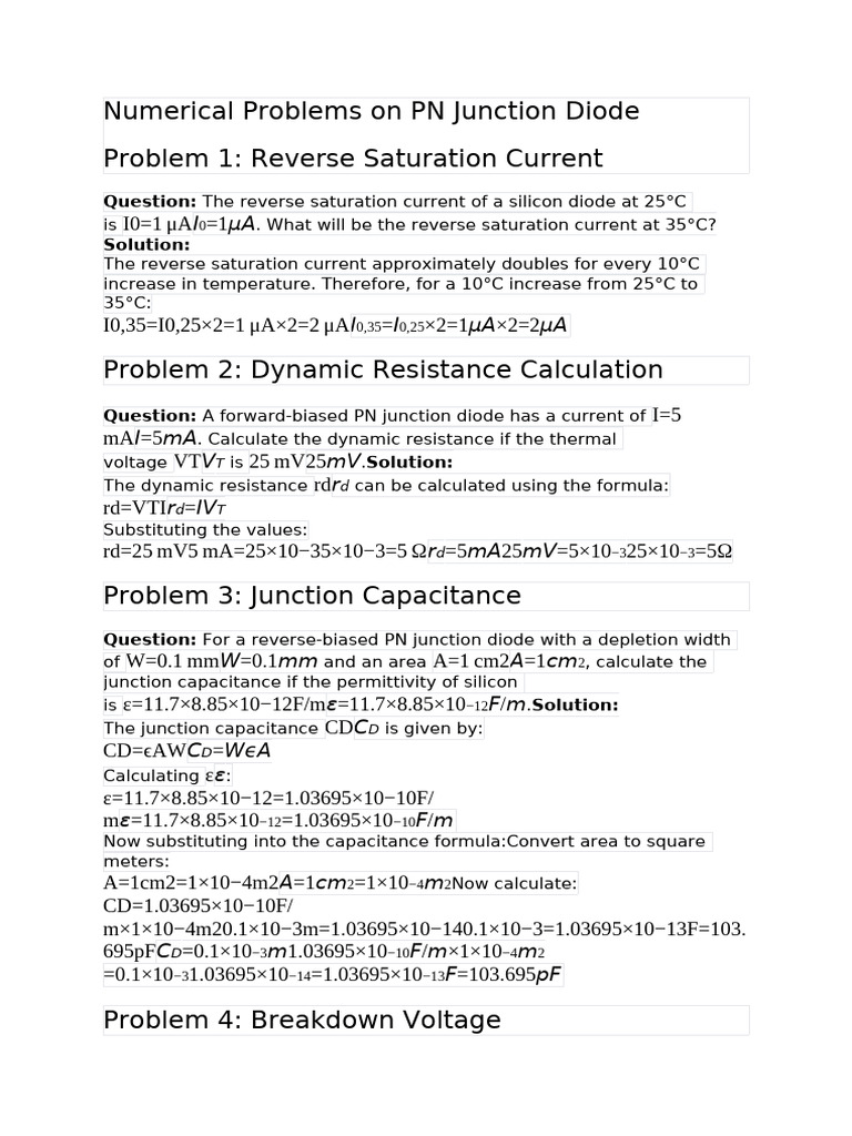 Numerical Problems On PN Junction Diode | PDF | Rectifier | P–N Junction