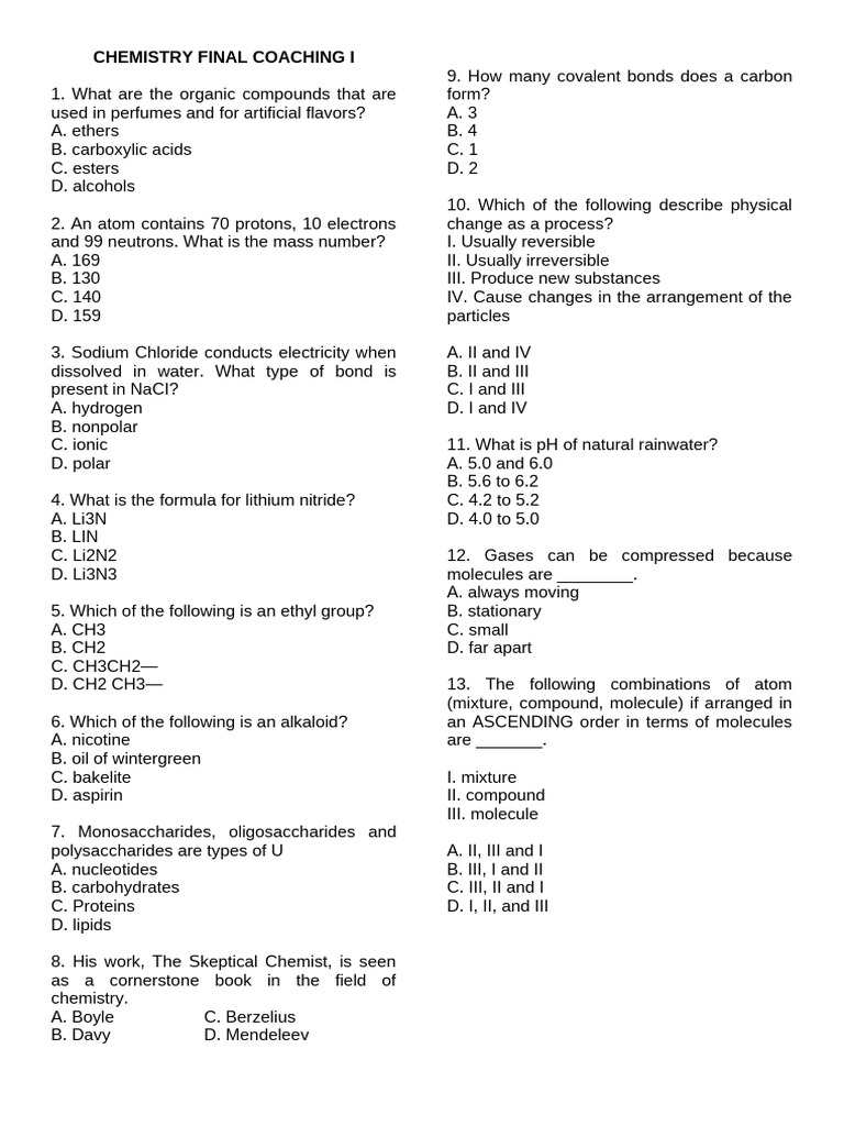 Chemistry Final Exam Coaching Guide | PDF | Atoms | Chemical Reactions