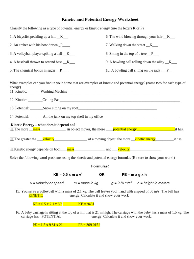 Kinetic and Potential Energy Worksheet | PDF | Kinetic Energy ...