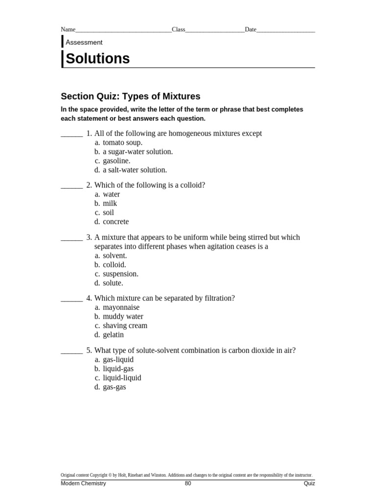 Chapter 12 Sec 1 Quiz Worksheet | PDF | Colloid | Mixture