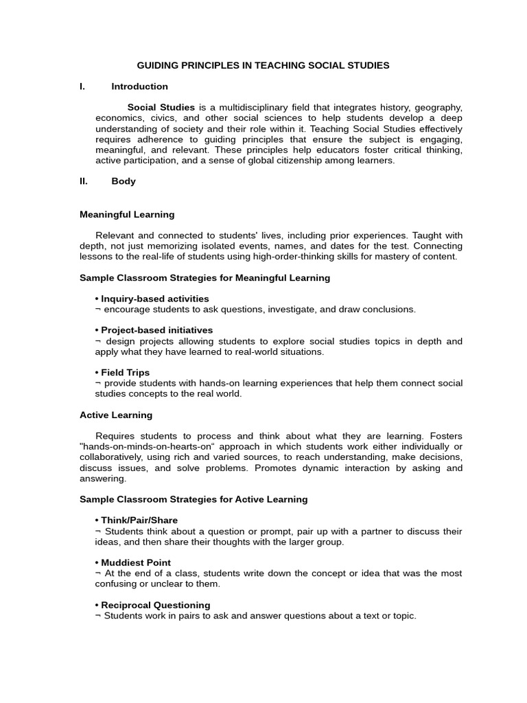 Guiding Principles in Teaching Social Studies | PDF | Learning | Critical Thinking