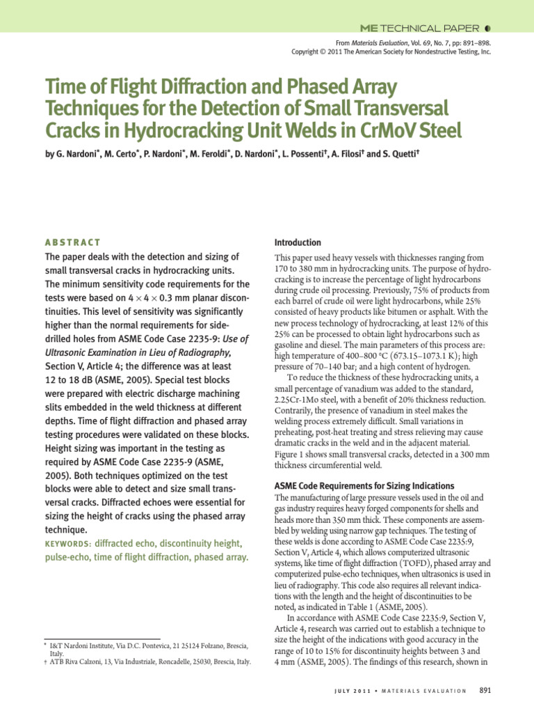 Timeof Flight Diffractionand Phased Array Techniquesforthe Detectionof ...
