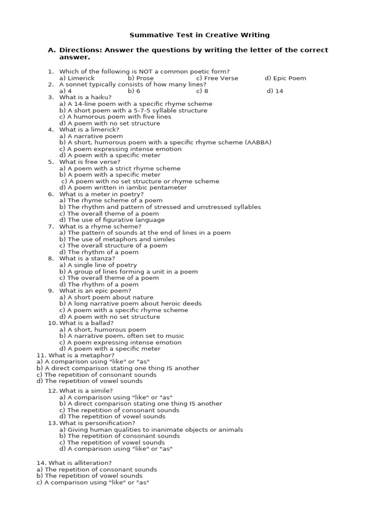 Summative Test in Creative Writing | PDF | Poetry | Metre (Poetry)