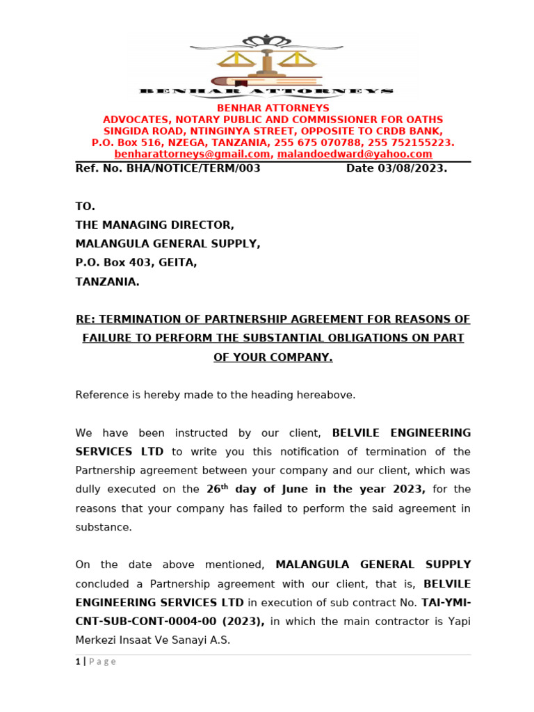 Termination Letter-Belville Engineering-1 | PDF | Notary Public ...