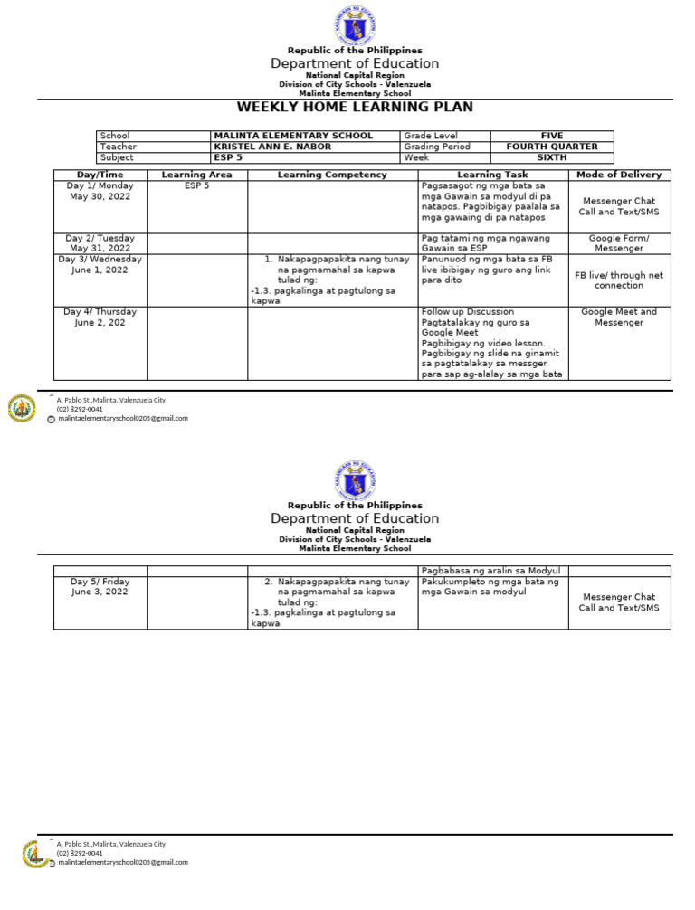 WHLP Esp5 4th Quarter Week 6 | PDF