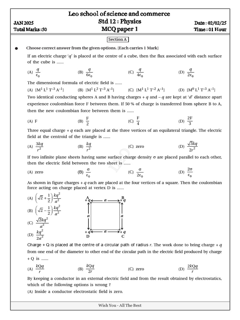 Physics MCQ Paper for Std 12 - Jan 2025 | PDF | Inductor ...