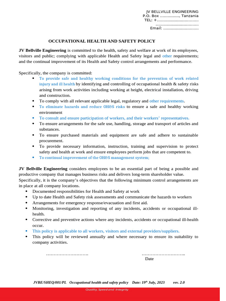Jvbe-Sheq-001 - Occupational Health and Safety Policy | PDF ...