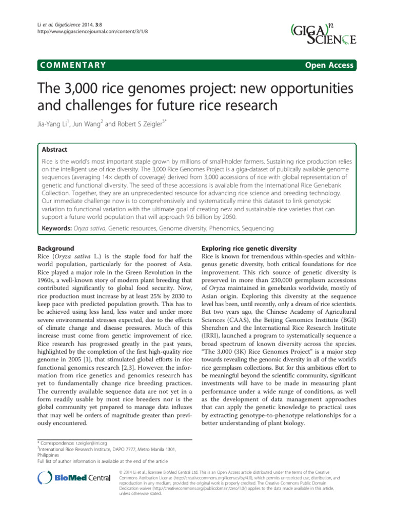 The 3,000 Rice Genomes Project | PDF | Rice | Biotechnology