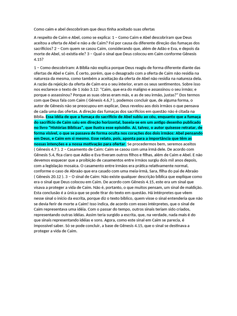 Como Caim e Abel Descobriram Que Deus Tinha Aceitado Suas Ofertas | PDF | Gênesis (livro) | Caim ...