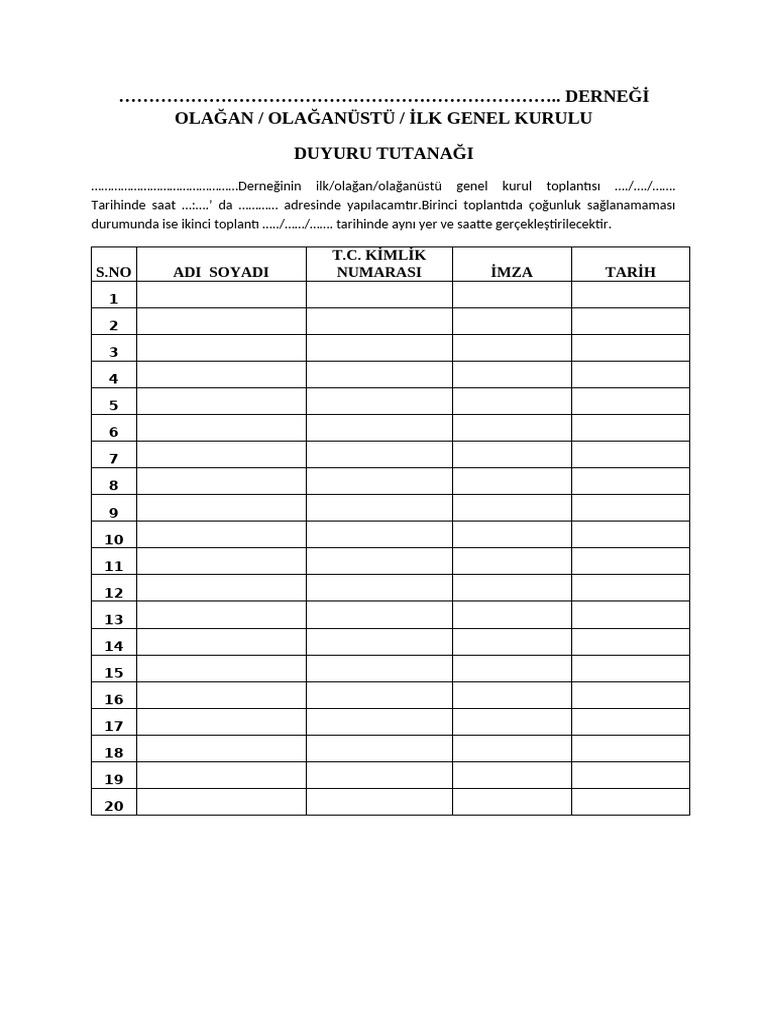 Genel Kurul Duyuru Tutanagi Ornegi | PDF