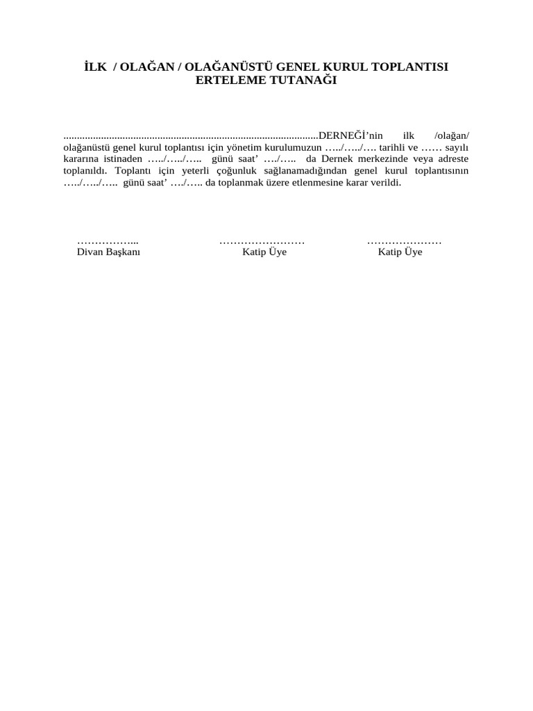 Genel Kurul Toplantisi Erteleme Tutanagi Ornegi | PDF