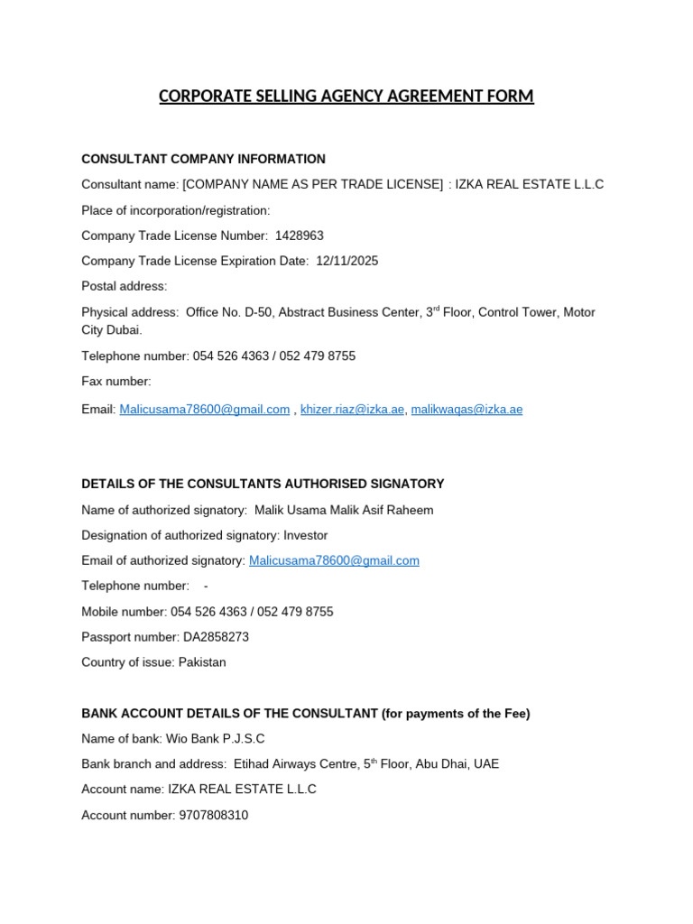 Corporate Application Form - Brokerage and Marketing Agreement | PDF