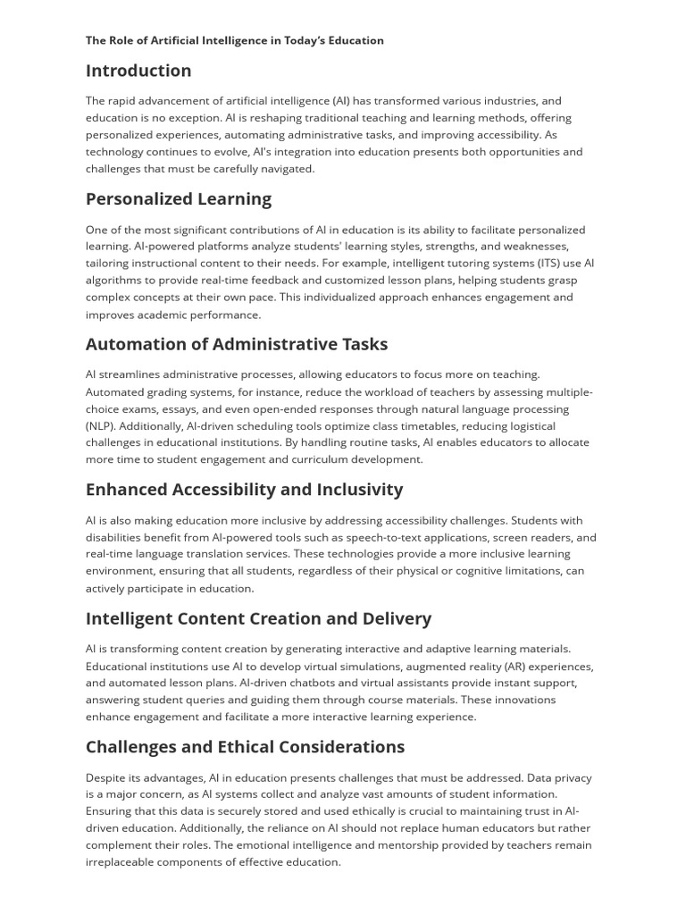 The Role Of Artificial Intelligence In Today S Education Pdf