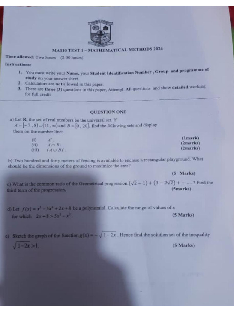 MA110 2024 Test1 | PDF