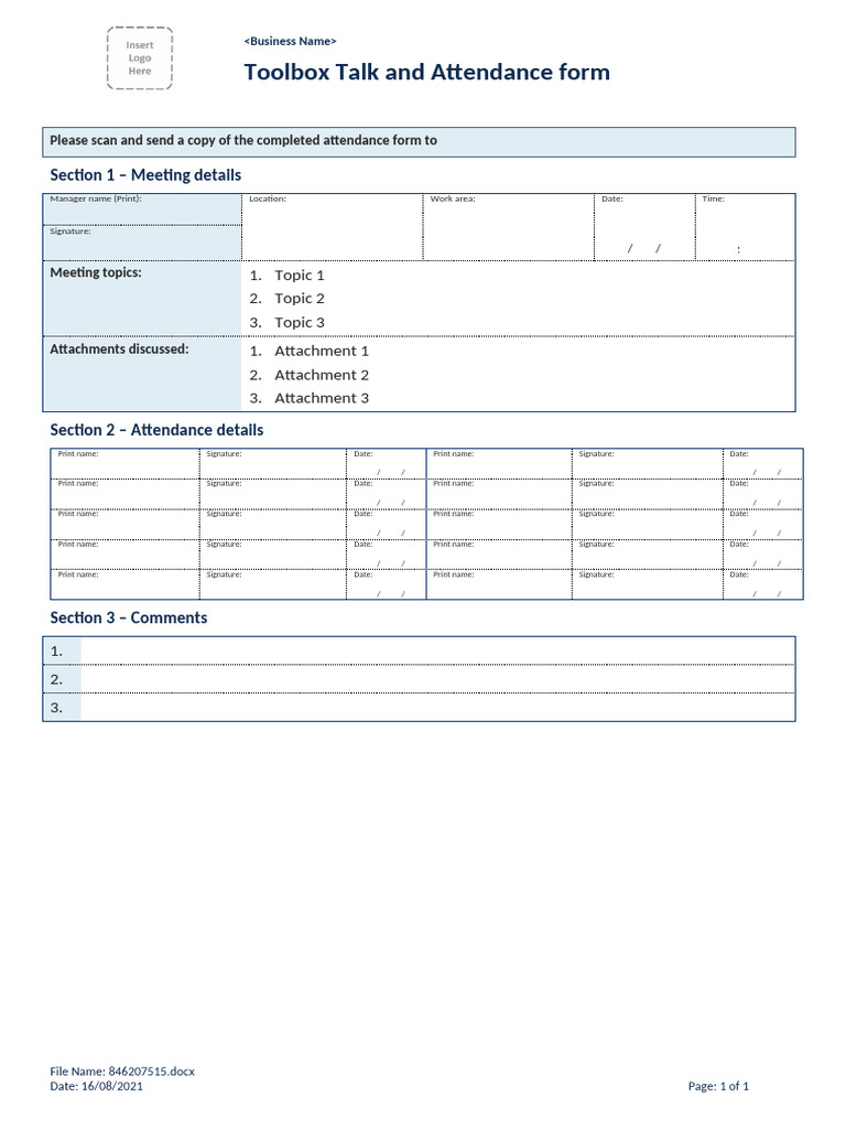 0911 Sms Template Safety Briefing Toolbox Meeting Attendance Form | PDF