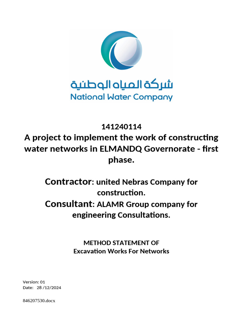 Excavation Method Statement for Water Networks | PDF | Personal ...