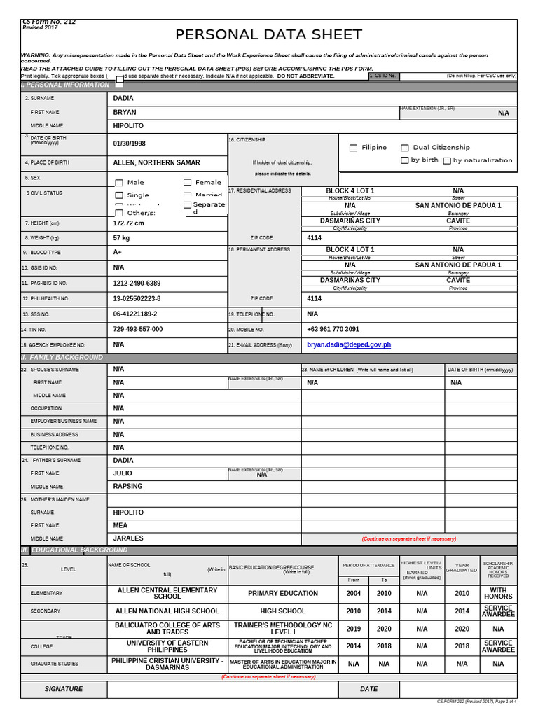 CS Form No. 212 Personal Data Sheet Revised 2017 | PDF