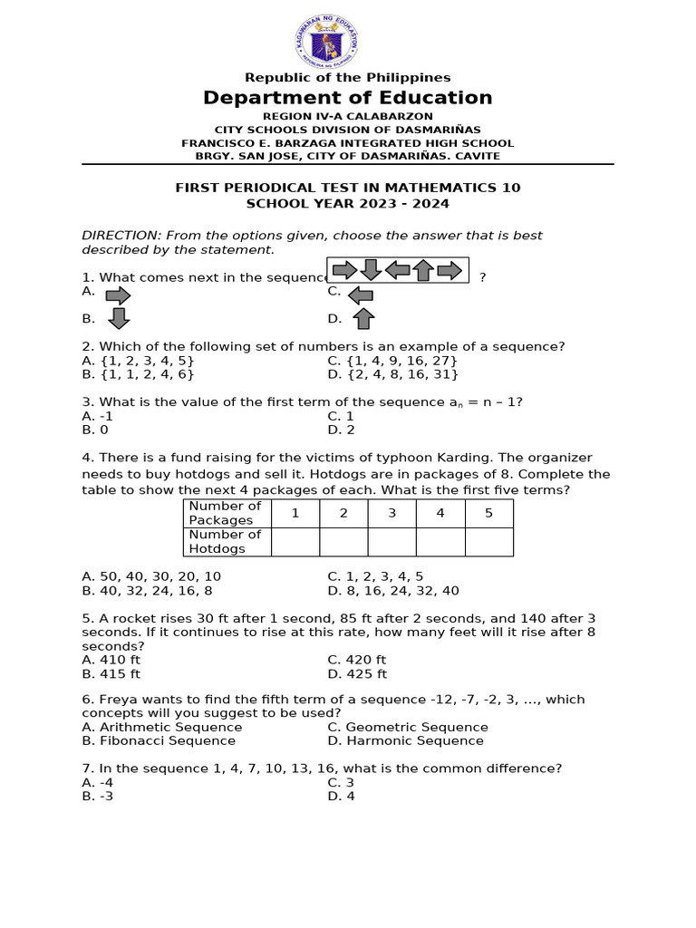 q1 Math 10 Periodical Test | PDF | Mean | Mathematical Objects