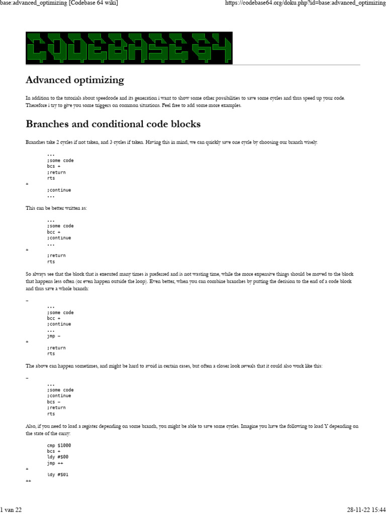Base Advanced - Optimizing (Codebase 64 Wiki) | PDF | Pointer (Computer Programming) | Computer ...