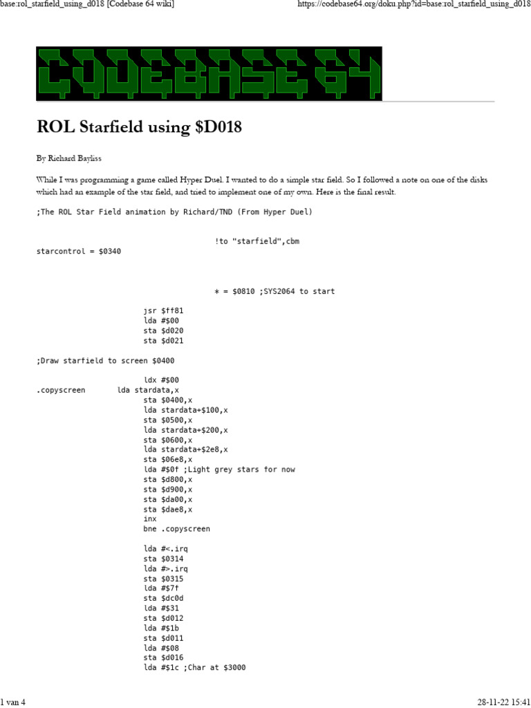 136. Base Rol_starfield_using_d018 [Codebase 64 Wiki] | PDF | Computing