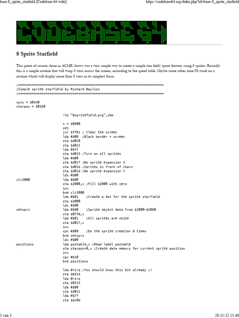 135. Base 8_sprite_starfield [Codebase 64 Wiki] | PDF | Computer Data | Computer Programming