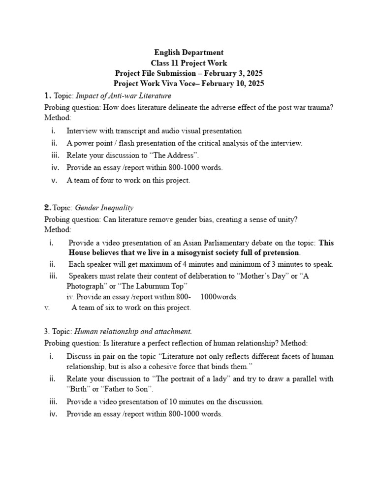 Class 11 CBSE English Project Work Feb 2025 for Final Exam | PDF ...