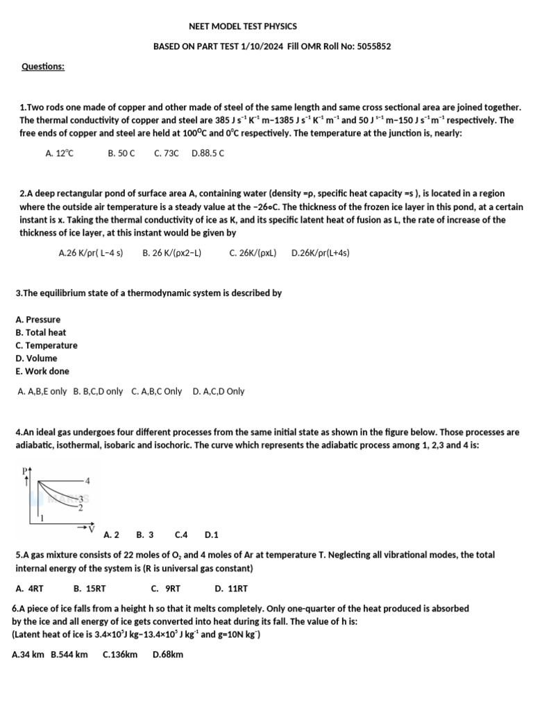 Neet Model Test Physics | PDF | Temperature | Heat