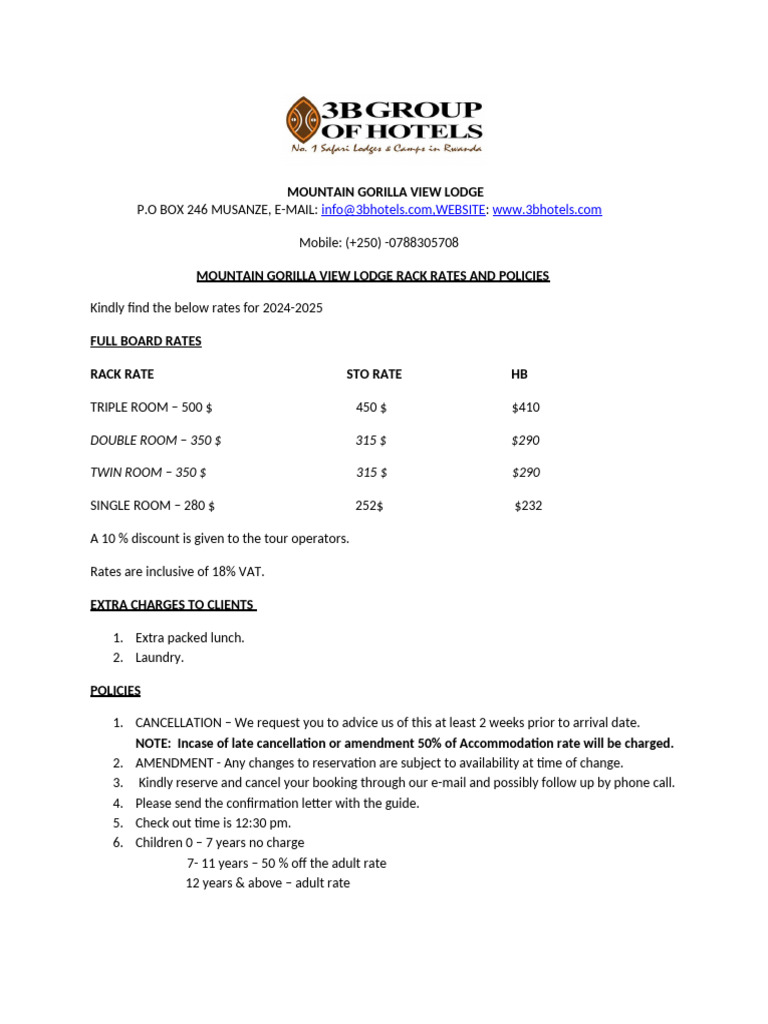 Mountain Gorilla View Lodge Rates 2024-2025 | PDF