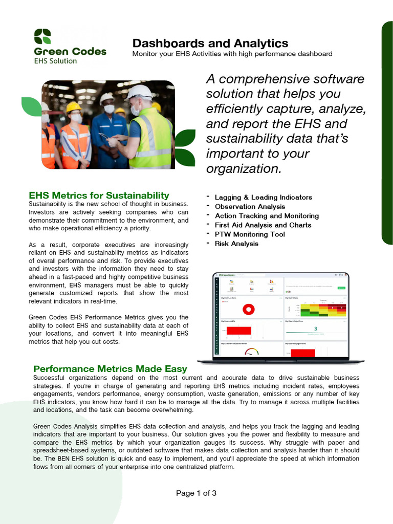 Green Codes EHS Software - Fact Sheet - Dashboards and Analytics | PDF | Performance Indicator ...