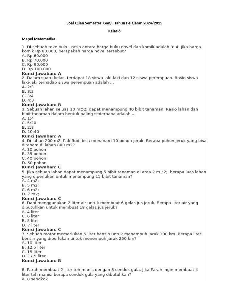MAPEL MTK Soal Ujian Semester Ganjil Tahun Pelajaran 2024 | PDF