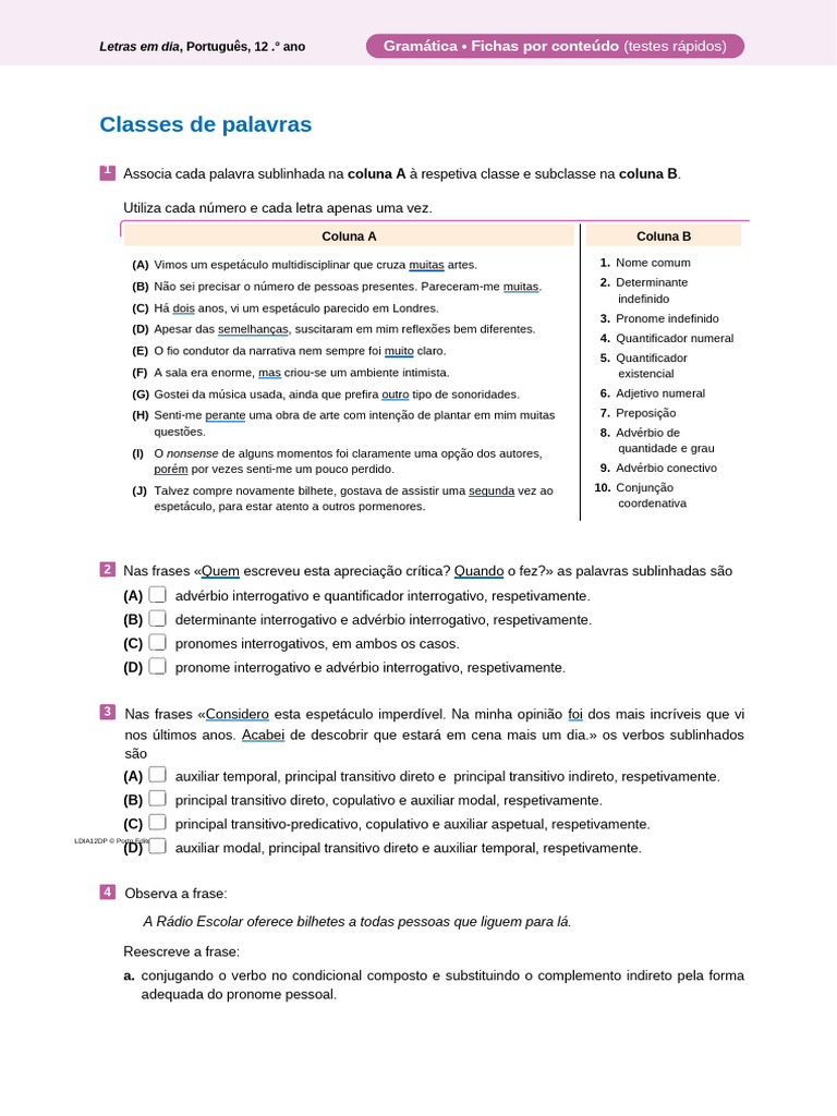 Exercícios sobre Classes de Palavras | PDF | Pronome | Classe gramatical