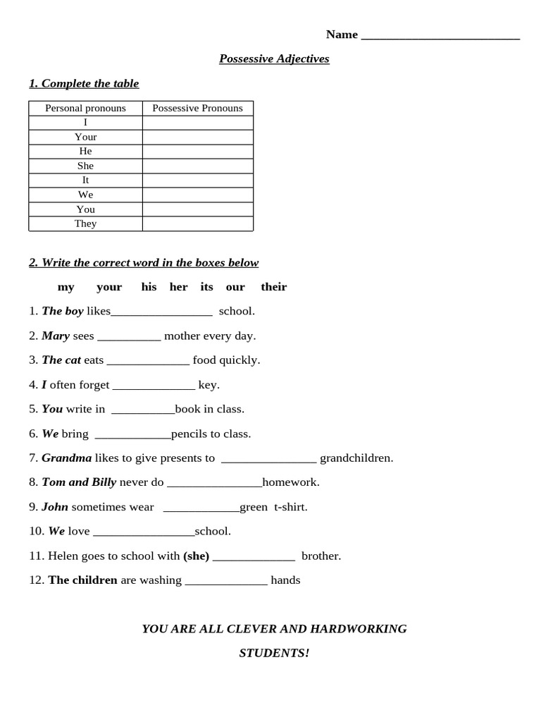 28.01 - Possessive Adjectives - Test | PDF