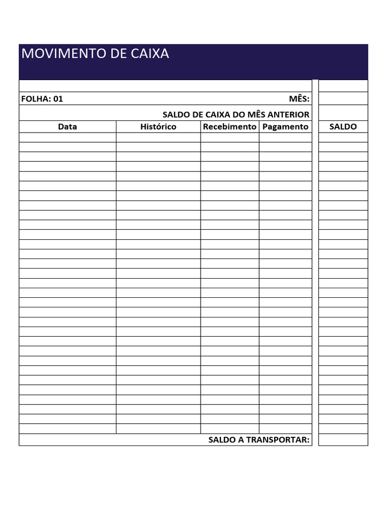 Folha de Livro Caixa Mensal para Imprimir | PDF