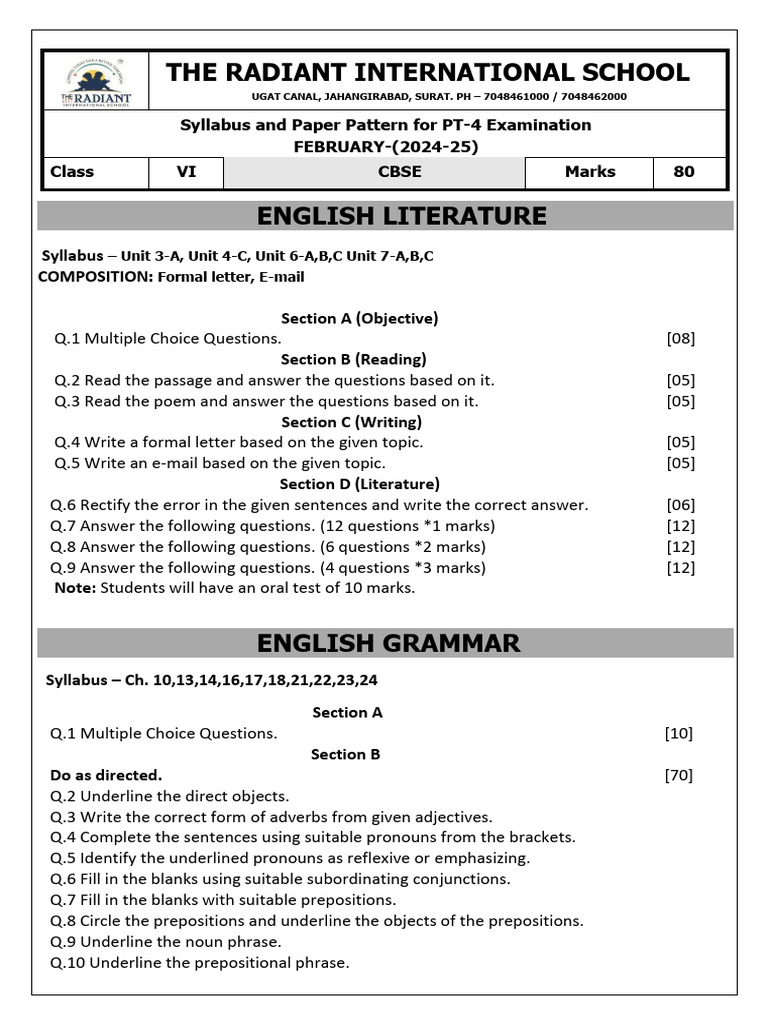 Grade - 6 Syllabus and Paper Pattern (PT-4) 2024-25 | PDF
