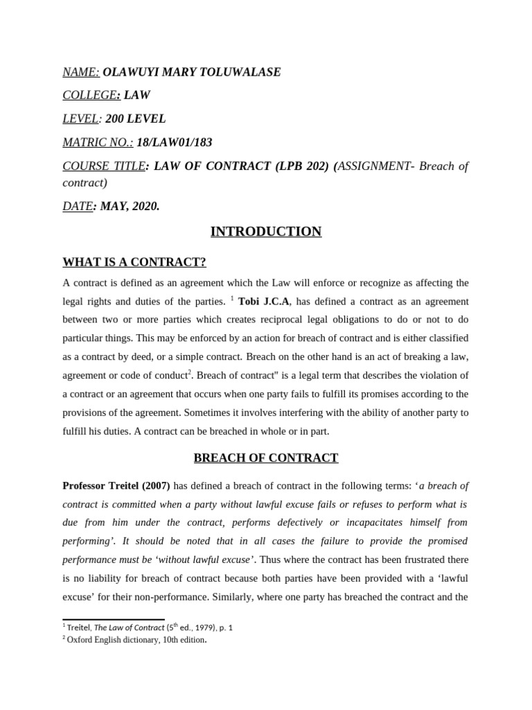 1588856817olawuyi Toluwalase Law of Contract | PDF | Damages | Legal Remedy